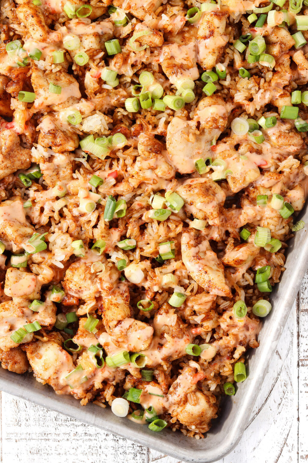 Easy Sheet Pan Bang Bang Chicken with Crispy Rice | Simply Sissom